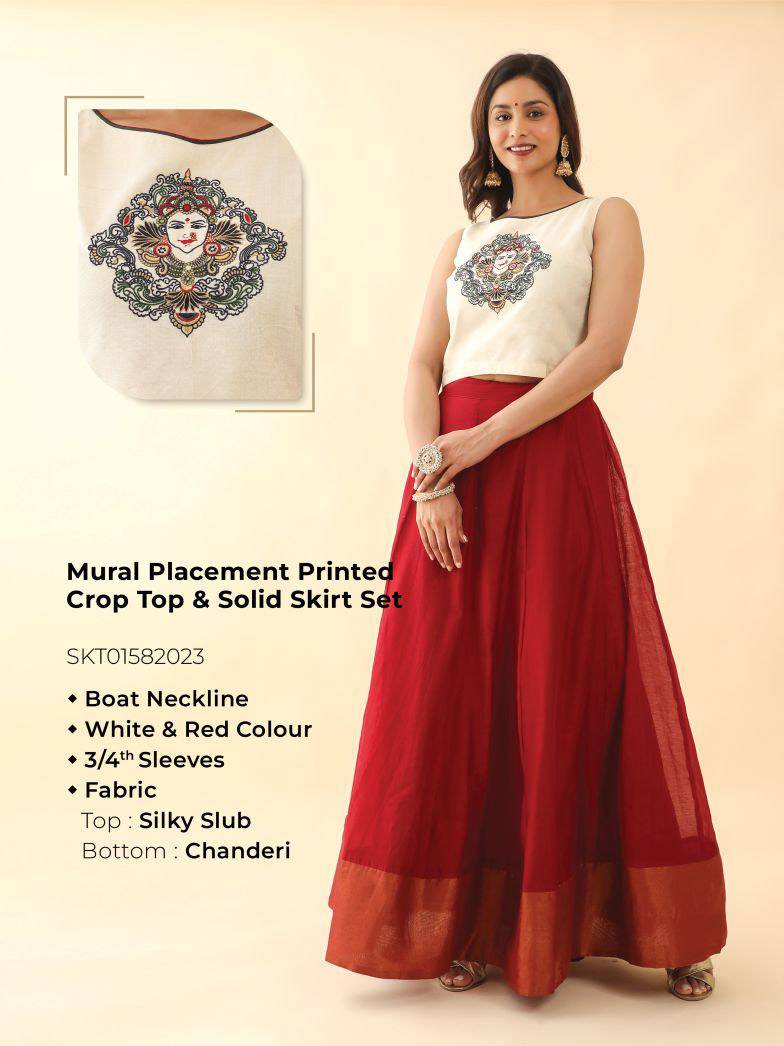 Skirt Set White Red Color - Rasi Silks